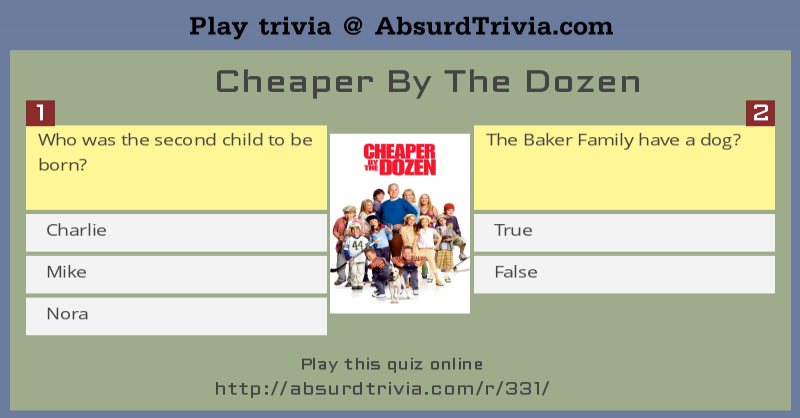 Trivia Quiz : Cheaper By The Dozen