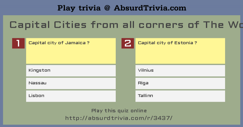 Trivia Quiz : Capital Cities from all corners of The World