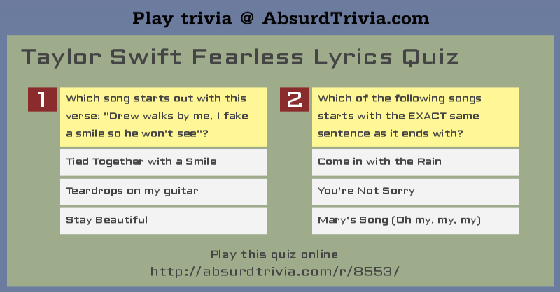 Taylor Swift Fearless Lyrics Quiz Taylor Swift Fearless Lyrics Quiz